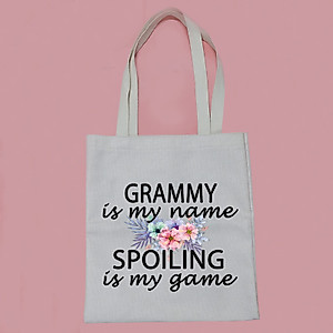 PWHAOO Grandma Gift Grandma Is My Name Spoiling Is My Game Tote Bag Canvas Best Grandma Ever Shopping Bag (spoiling Grandma Tote)