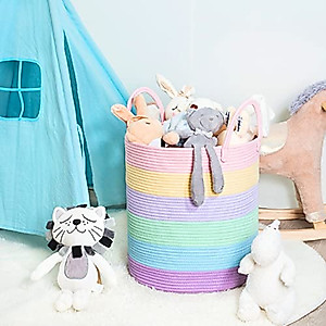 MINTWOOD Design Large Decorative Woven Cotton Rope Basket, Tall Laundry Basket Hamper, Blanket Basket for Living Room, Storage Baskets for Toys, Towel, Throw, Pillow, 60L Pastel Rainbow