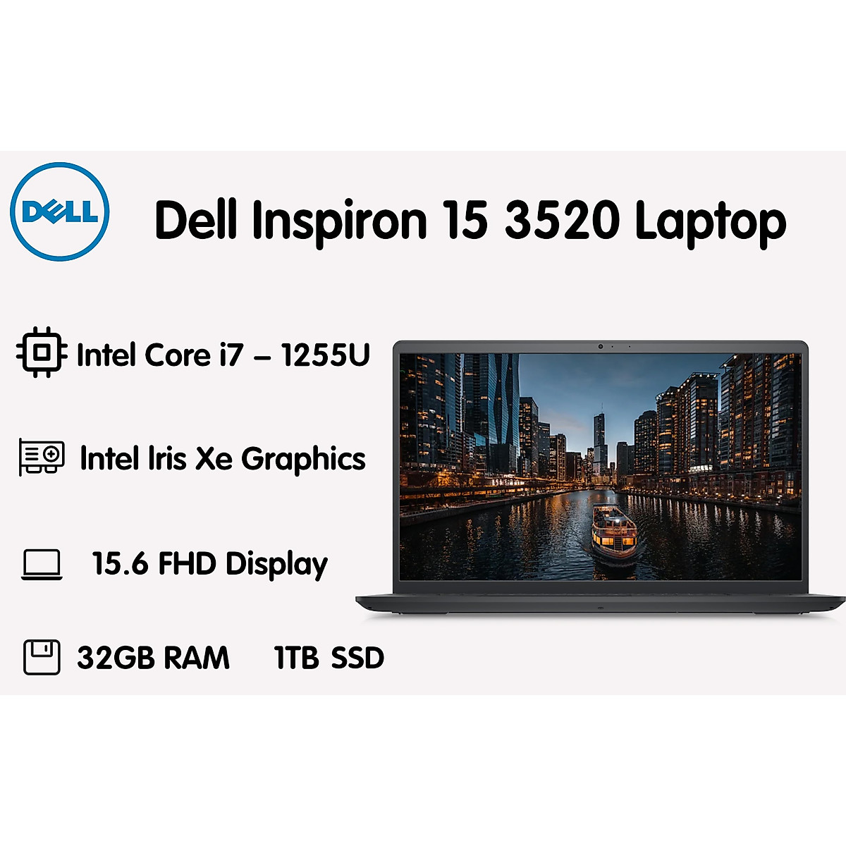 Dell Inspiron 15.6 Inch FHD Business Laptop, 12th Gen Intel Core i7-1255U, 32GB RAM, 1TB SSD, Windows 11 Pro, Backlit Keyboard, HDMI, Webcam, SD Card Reader, Black