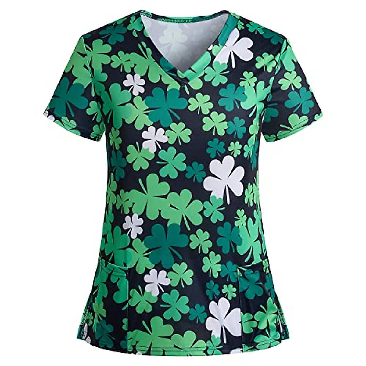 St. Patrick's Day Scrub Tops Women Cute V-Neck Green Shamrocks Printed Working Uniforms Shirt 2 Pockets Holiday Tshirt