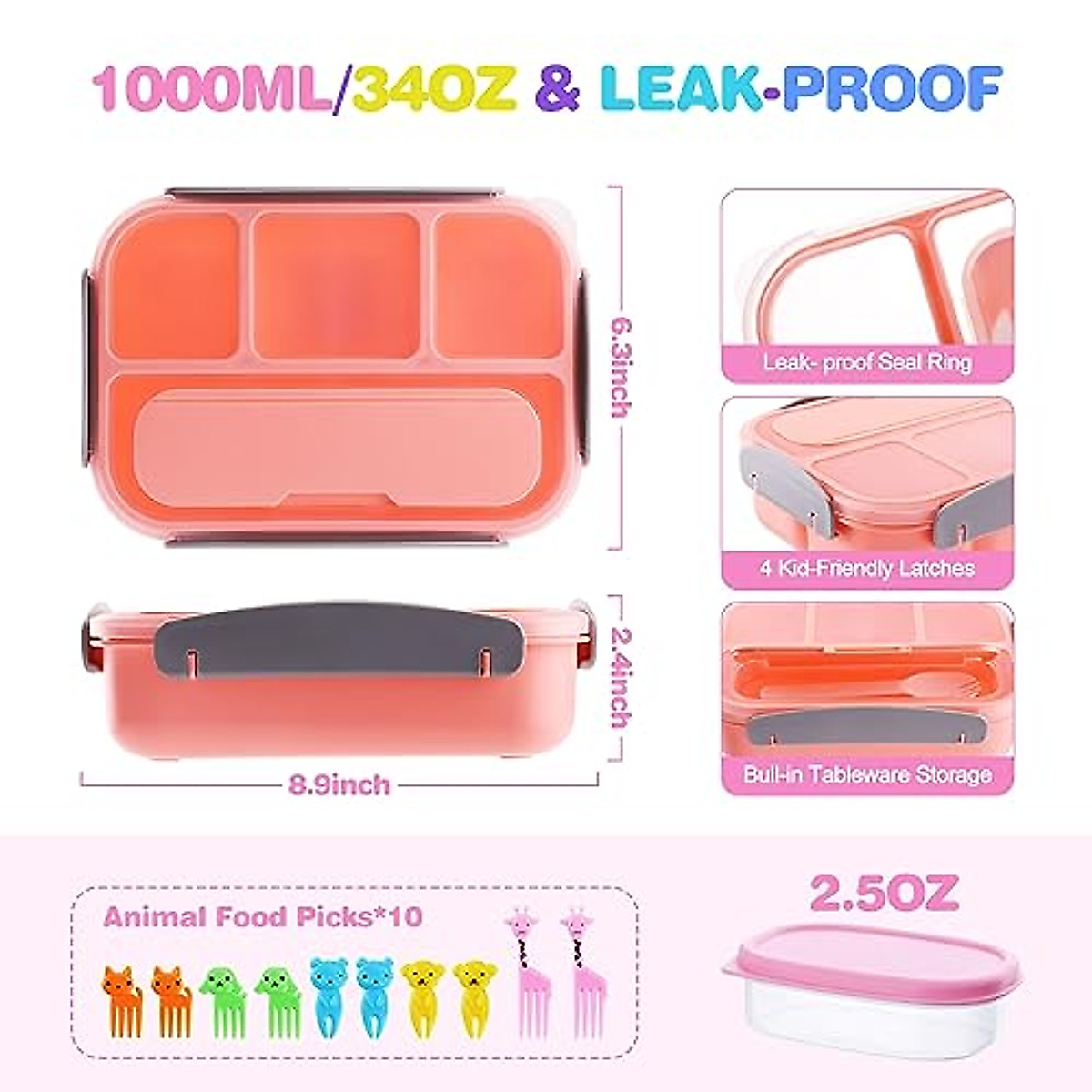 QearFun Insulated Unicorn Lunch Bag Bento Box for Girls,Lunch Box Set with 4 Compartment Bento Box Water Bottle Ice Pack Salad Container Food Picks,Perfect Kids Lunch Boxes for School Age 7-15