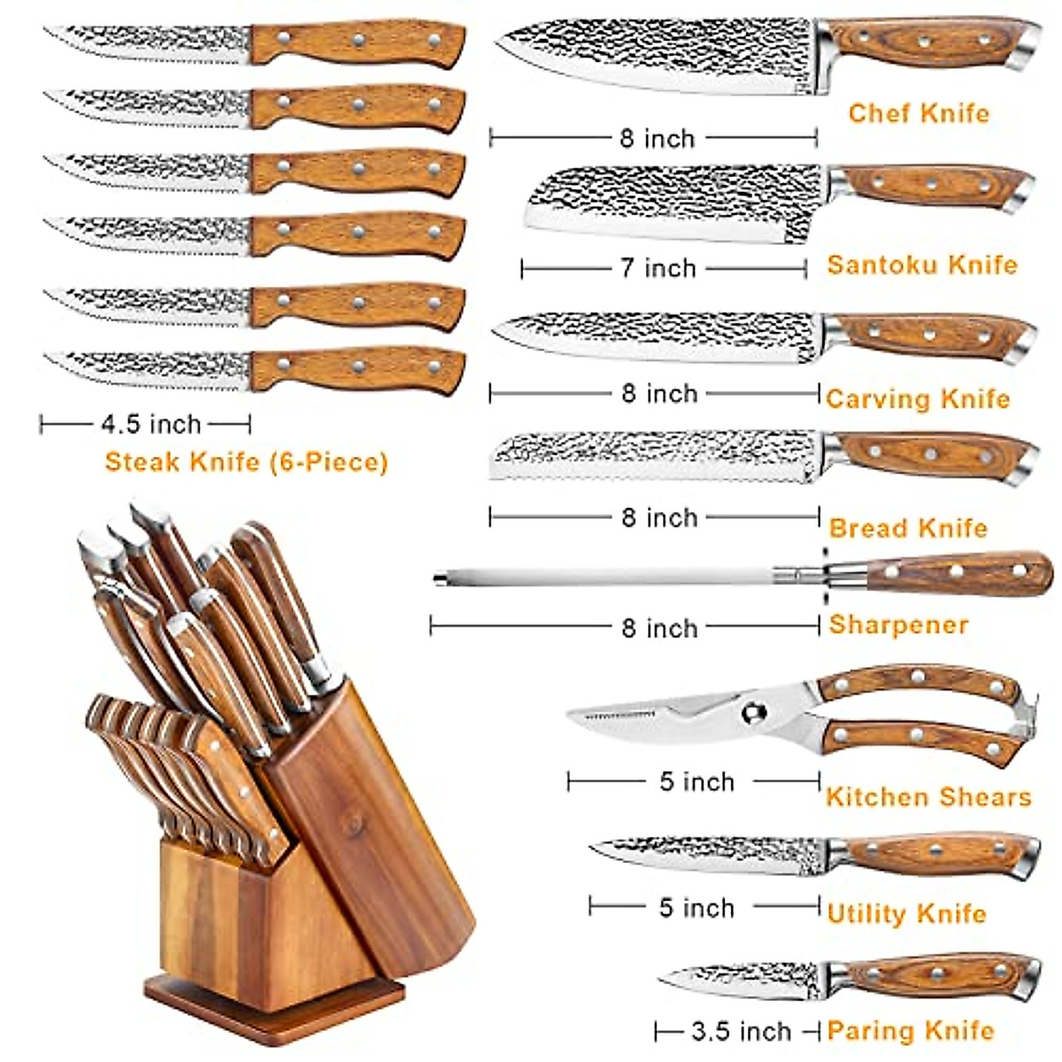 Knife Set, Karcu 15-Piece Hammer Kitchen Knife Block Sets with Sharpener German Steel, Rotating Acacia Block