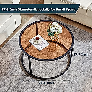 SAYGOER Glass Coffee Table Round Modern Coffee Tables Small Mid Century Coffee Table for Living Room Home Office Simple Retro Table Top with Metal Frames, Easy Assembly, Brown Black