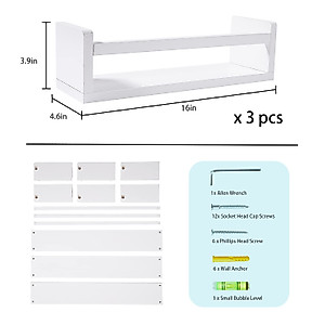 UPPZ Nursery Floating Shelves for Kids Room, Set of 3 Wall Book Shelves for Kitchen Living Room, Book Shelf Wall Mounted for Baby Kids Bedoom Bathroom (White, 16inch Set 3)