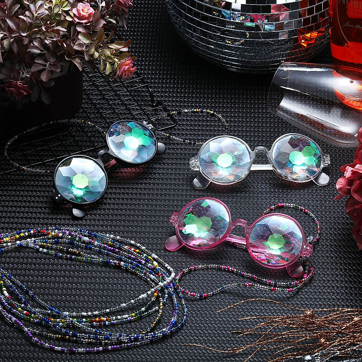 Yunsailing 9 Pairs Kaleidoscope Rave Glasses with 9 Beaded Glasses Strap Rainbow Rave Goggles Prism Fun Sunglasses Eyeglass Chain for Carnival Party Festival Accessories