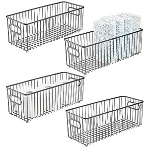 mDesign Deep Metal Bathroom Storage Organizer Basket Bin - Farmhouse Wire Grid Design - for Cabinets, Shelves, Closets, Vanity Countertops, Bedrooms, Under Sinks - 4 Pack - Graphite Gray