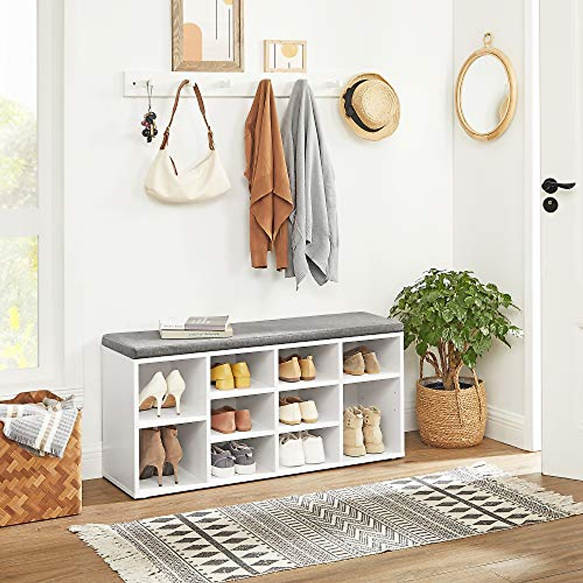 VASAGLE Shoe Bench, Storage Bench, Shoe Rack Bench, Shoe Shelf, Storage Cabinet, 10 Compartments, with Cushion, for Entryway, 11.8 x 40.9 x 18.9 Inches, White and Gray ULHS10WT