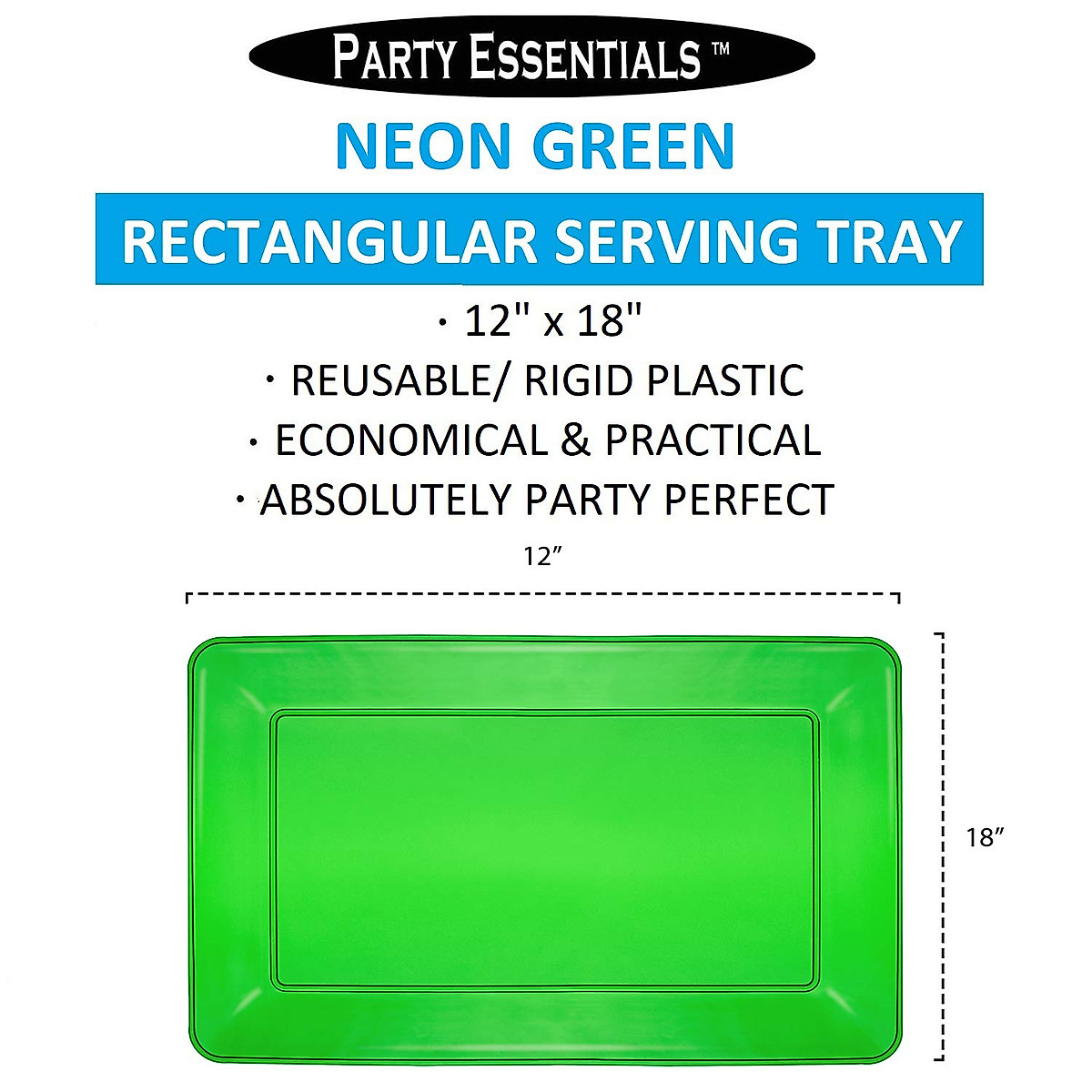 Party Essentials Heavy Duty Hard Plastic 12 x 18-Inch Rectangular Serving Tray, Neon Green, 3-Count
