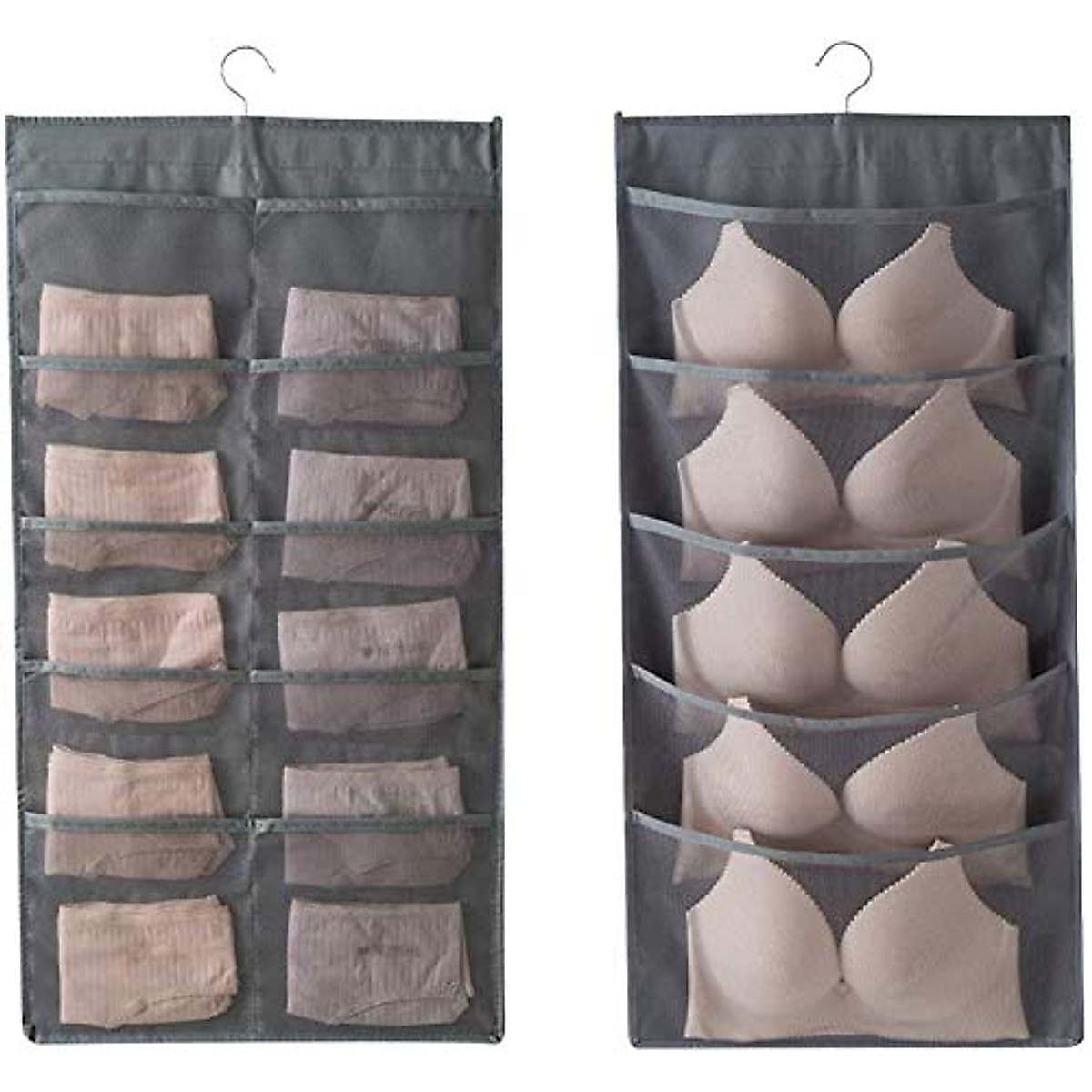 Storage hanging bag, Dual-Sided Hanging Bra Storage Organizer with Metal Hanger, Dual-Sided Hanging Storage Organiser for Underwear, Panties，Stocking,Bra and Sock (5+10 Pockets, Gray)