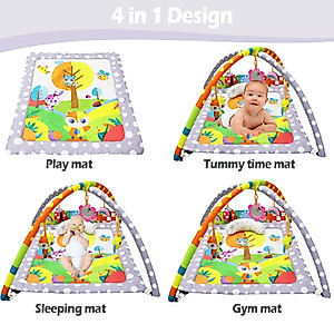 KAKIBLIN Baby Play Gym Mat, 4 in 1 Tummy Time Activity Play Mats for Baby with 5 Detachable Toys, Foldable Baby Playmats Floor Gyms for Easy Transport, Playpen Function, 80 x 70 CM, Purple