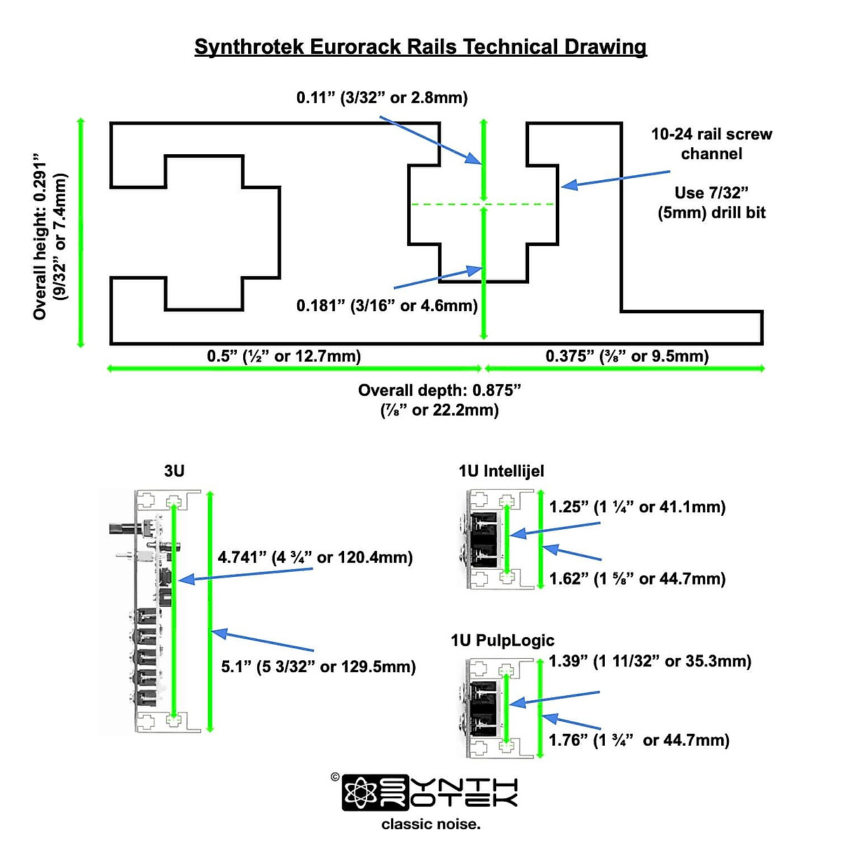 Synthrotek Eurorack Rails - 168HP, 100 x 3mm Slide Nuts - Modular Case Hardware