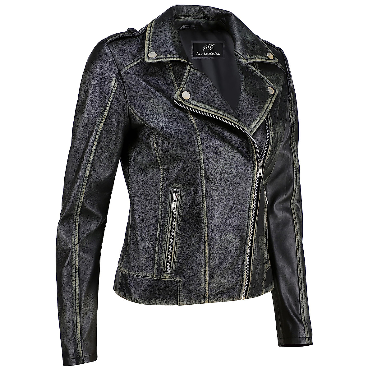 Jild Biker Style Vintage Leather Jacket Women - Casual Fashion Motorcycle Zip-Up Lightweight Coat Collar Women Leather Jacket (Distressed-M)
