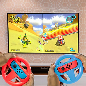 Orzly Steering Wheels for Nintendo Switch & OLED JoyCons, Racing Wheels for Mario Kart 8 Deluxe [Mariokart Switch Steering Wheel Joycon Controller Attachment Accessories] - TWIN PACK[1x Red & 1x Blue]