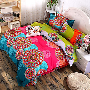 Pangzi Bohemian Duvet Cover Set Lightweight Microfiber Bedding Set Boho Floral Print Comforter Cover with Zipper Closure (Queen)