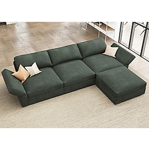 HONBAY Modular Sectional Couch with Storage Corduroy Sectional Sofa with Chaise L Shaped Sectional Couches for Living Room,Green