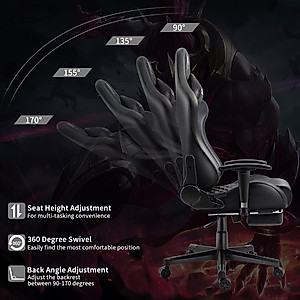 Czlolo Gaming Chair with Footrest and Massage, PU Leather Video Game Chair Racing Style Gaming Computer Chair, High Back Adjustable Recliner Gamer Chair for Adults, Black