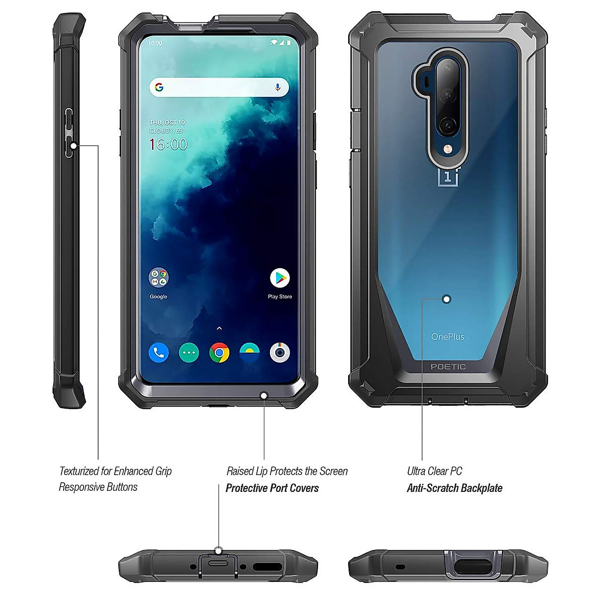 Poetic OnePlus 7 Pro Rugged Clear Case, Full-Body Hybrid Shockproof Bumper Cover, Built-in-Screen Protector, Guardian Series, Case for OnePlus 7 Pro (2019 Release), Black/Clear