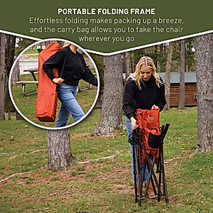TIMBER RIDGE Bungee Folding Camping Chairs for Adults, Heavy Duty Collapsible Padded Chair with Armrests Cup Holder, Foldable Outdoor Lounge Chairs for Beach, Fishing, Lawn, Supports 300 lbs, Red
