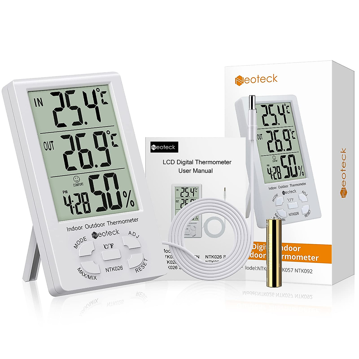 Neoteck 3 in 1 Thermometer Hygrometer with Clock Large LCD Display, Digital Humidity Temperature Meter 1.5m Sensor Wire for Indoor Outdoor Use
