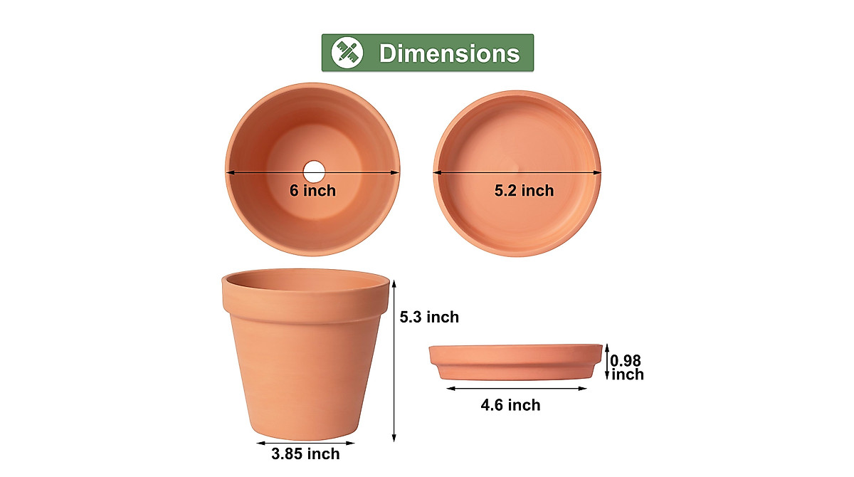 6 Inch Clay Plant Pots with Saucer - Indoor Outdoor Terracotta Planters
