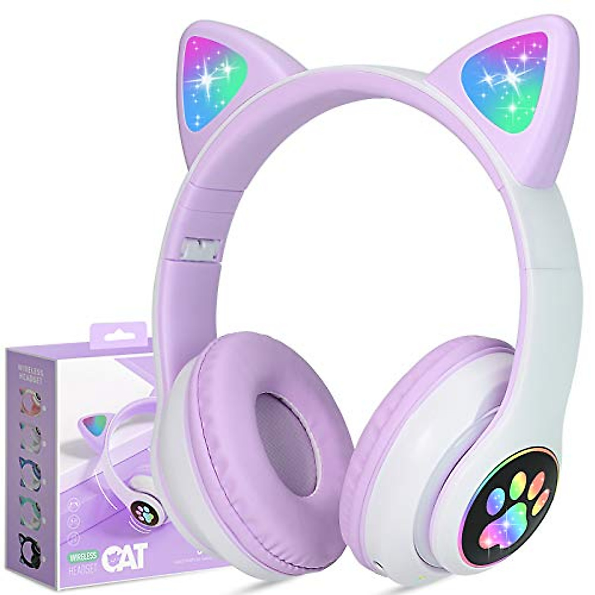 Wireless Headphones TCJJ Cat Ear LED Light Up Bluetooth Foldable Headphones Over Ear w/Microphone for Online Distant Learning (Purple)