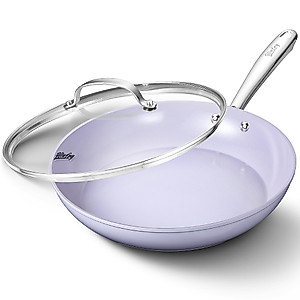 HLAFRG 12 Inch Nonstick Frying Pan with Lid, Ceramic Skillet, Omelet Pan, Less Oil for Health Cooking,12 inch Small Pan with Heat-Resistant Handle,All Stoves Compatible, Purple