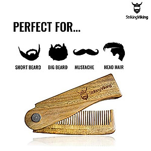 Striking Viking Folding Wooden Comb - Men's Hair, Beard & Mustache Comb - Pocket Sized Sandal Wood Comb for Everyday Grooming, Use Dry or with Balms and Oils - Beard Gift for Men