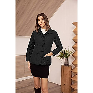 GRACE KARIN Women Lightweight Jacket Casual Winter Quilted Coat Lapel Button Down Long Sleeve Outwear with Pockets Black L
