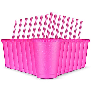 Rtteri 15 Pcs Reusable Kids Cups with Straws and Lids 16 oz Glitter Rose Red Kids Tumblers Plastic Party Favor Cups with Lids Travel Mug Cup for Smoothie Coffee Iced Beverage Water Parties Birthdays