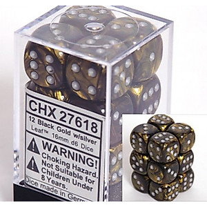 Chessex Dice d6 Sets: Leaf Black & Gold with Silver - 16mm Six Sided Die (12) Block of Dice CHX-27618