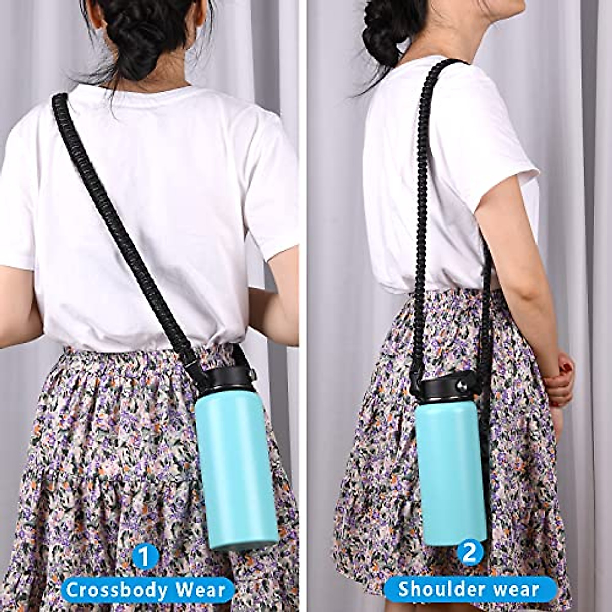 Wongeto Paracord Handle with Shoulder Strap Compatible with Hydro Flask Wide Mouth Water Bottles 12oz - 64 oz，Water Bottle Strap for Walking Biking Hiking Camping(Black 1)