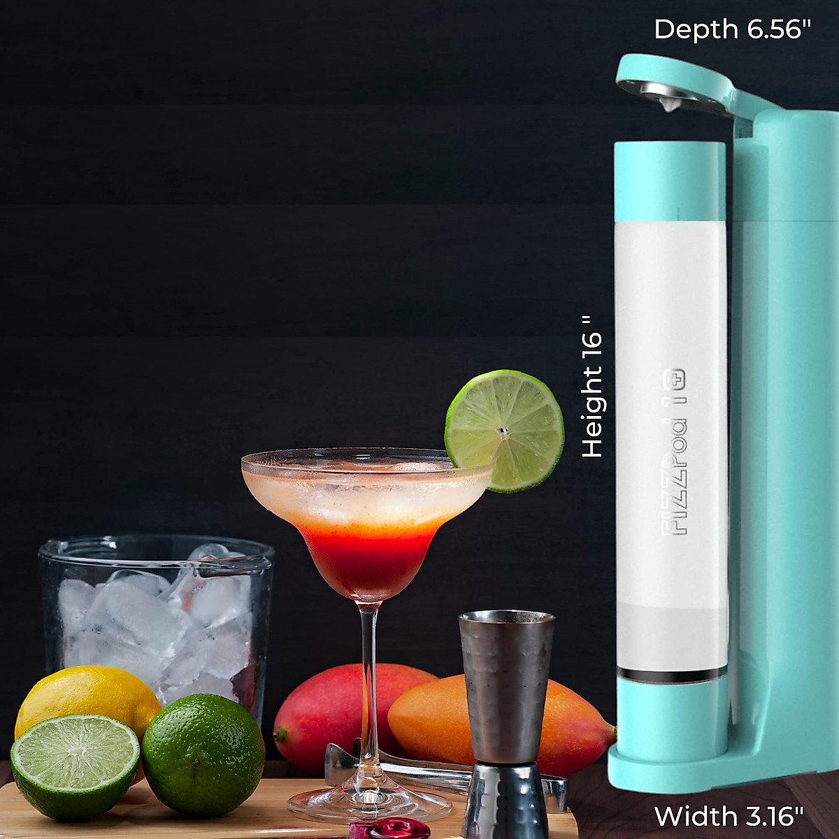 Fizzpod Soda Maker Home Soda Carbonation,Fizzy Bubbly Drink Machine with 3 PET Bottles, 3 Caps, 1 Carbonator Cap and Manual, Coffee, Tea and Cocktail Drinks with Fruit (Aruba Blue)