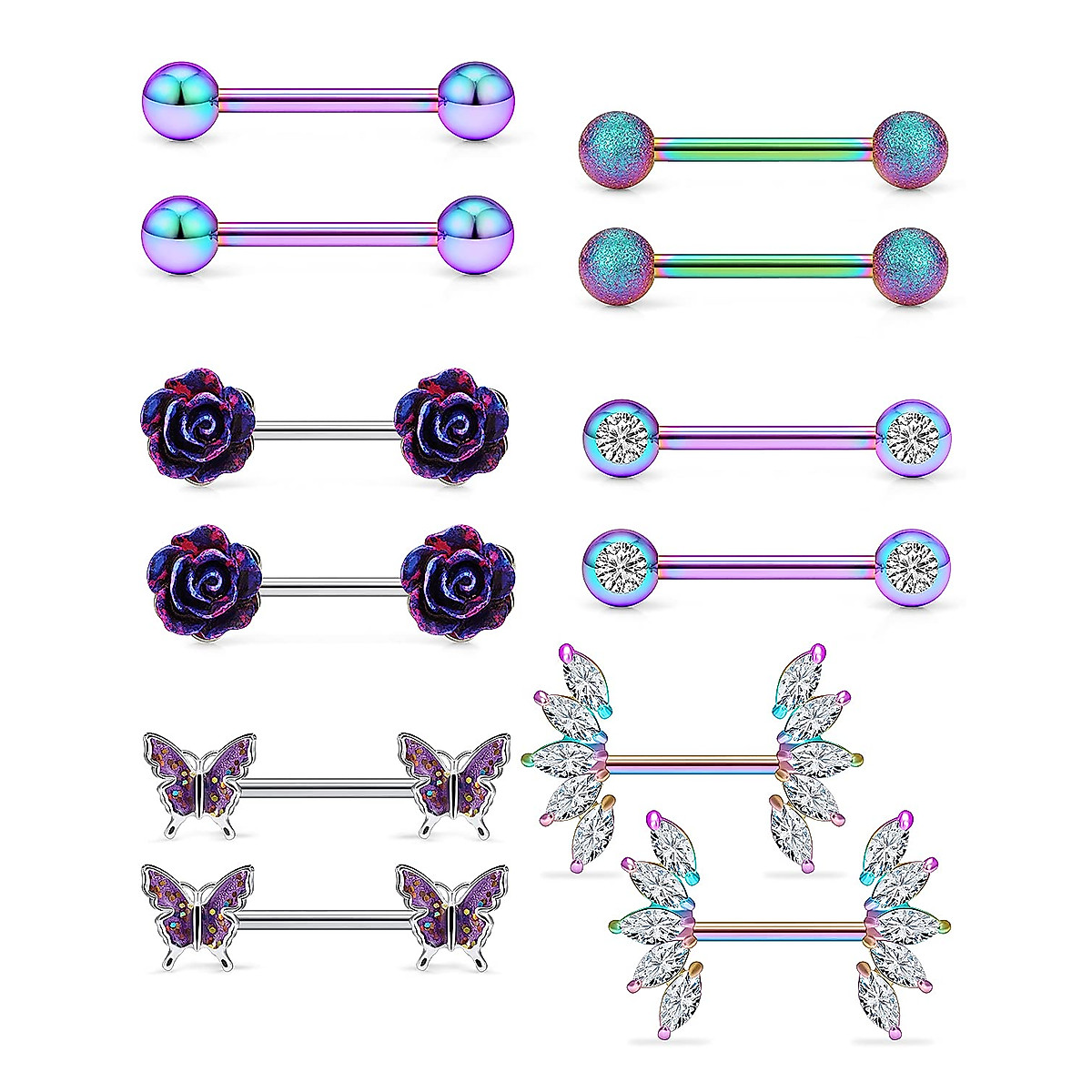 Vsnnsns 14G Nipple Rings for Women Stainless Steel Butterfly Nipple Rings Flower Nipple Piercing Jewelry CZ Nipple Rings Surgical Steel Nipple Jewelry Barbell Body Piercing Jewelry Rainbow