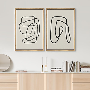 SIGNWIN Framed Wall Art Print Set Black Lines Over Tan Plain Background Abstract Swirly Cozy Neutral Modern Art Mid-Century Modern Expressive for Living Room, Bedroom, Office - 16"x24"x2 Panels