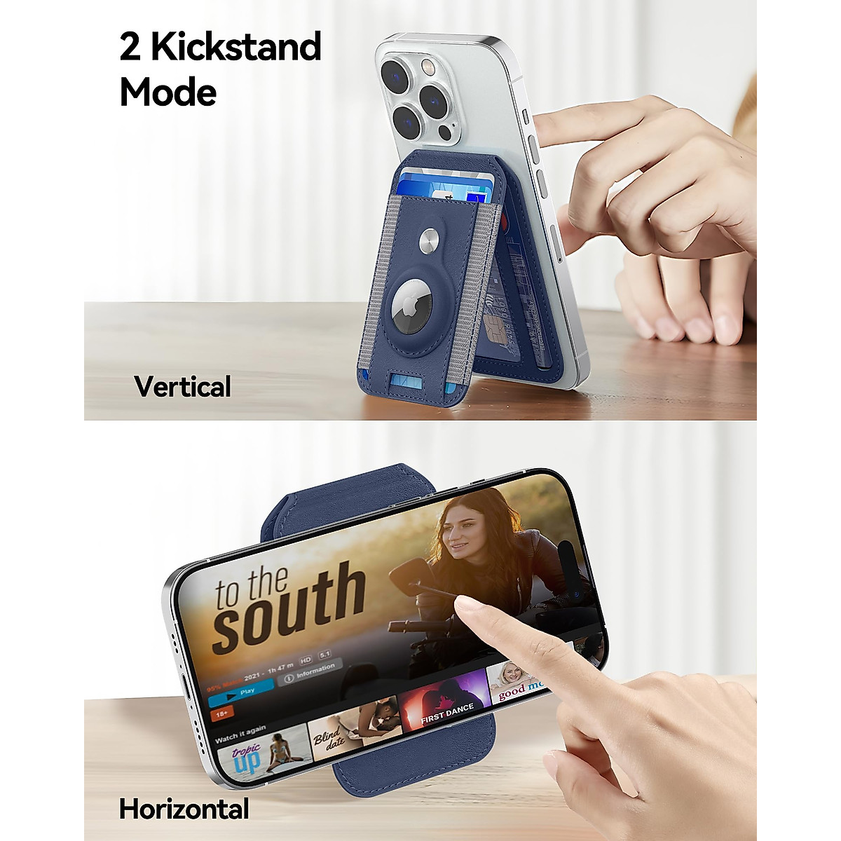 Amzone Mag-Safe with AirTag Holder,Magnetic with Adjustable Stand, Mag-Safe Phone for iPhone 15/14/13/12 Series,7 Card Slots,Vegan Leather (Indigo Blue)