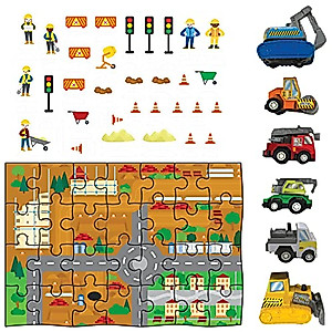 Hinkler Pull-back-and-go: Construction - 28-piece Floor Puzzle - Play Mat - Coloring and Activity Book - 6 Pull and Go Cars - Activity Set for Kids Aged 3 to 6
