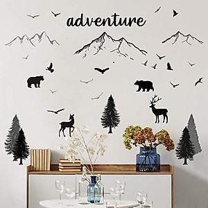 Pajean Woodland Nursery Wall Stickers Tree Wall Decals Vinyl Wall Quotes Stickers Jungle Wild Mountain Forest Animal Deer Bear DIY Stickers for Kids Room Decor Boy Living Room Bedroom, 9.8 x 13.8 Inch