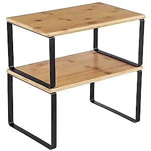 SONGMICS Cabinet Organizer Shelf, Set of 2 Kitchen Counter Shelves, Stackable, Expandable, Metal and Engineered Wood, Black and Natural UKCS02NB