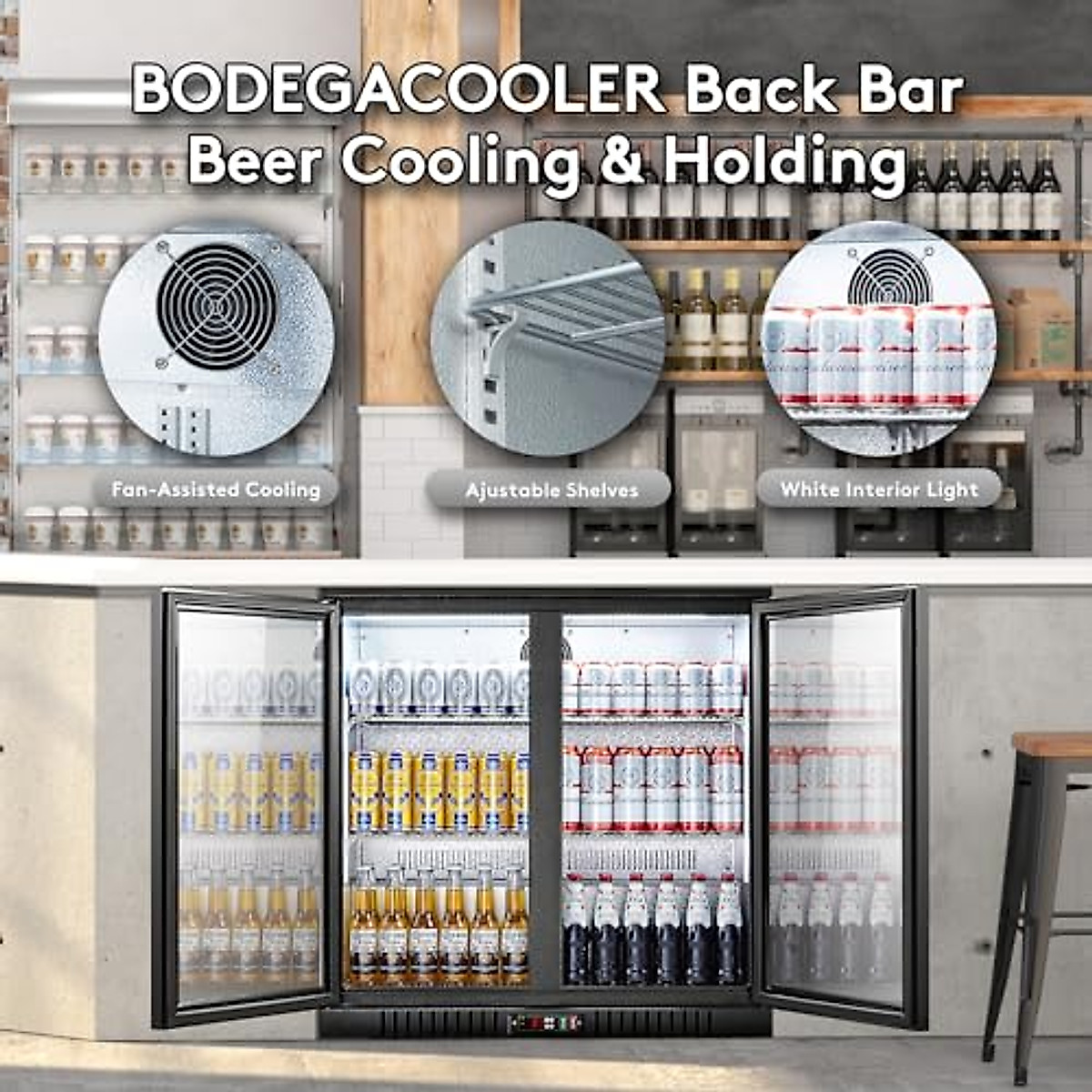 BODEGACOOLER Back Bar Cooler With 2 Glass Doors,Commercial Bar Cooler Under Counter7.4Cu.Ft,Back Bar Fridge, Beverage Bar Refrigerator with LED Lighting for Display Beverage,for Beer,Soda Drinks,Wine