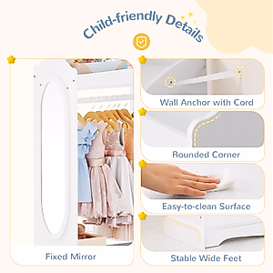 Curipeer Kids Dress up Storage with Mirror, Kids Wardrobe with 3 Hooks, Kids Closet for Girls Boys, Kids Armoire Costume Organizer for Bedroom, White