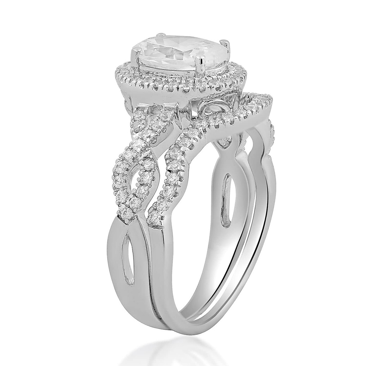 Jewelili Halo Bridal Ring in Sterling Silver with Oval and Round Shape Cubic Zirconia, Size 8