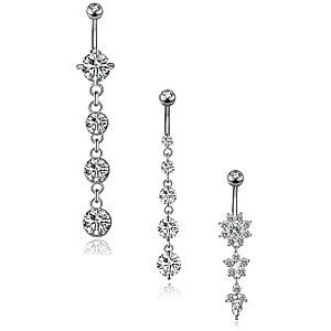 YOVORO 3PCS 14G 316L Stainless Steel Belly Button Rings for Women Navel Rings Barbell Dangle Flower CZ Body Piercing S