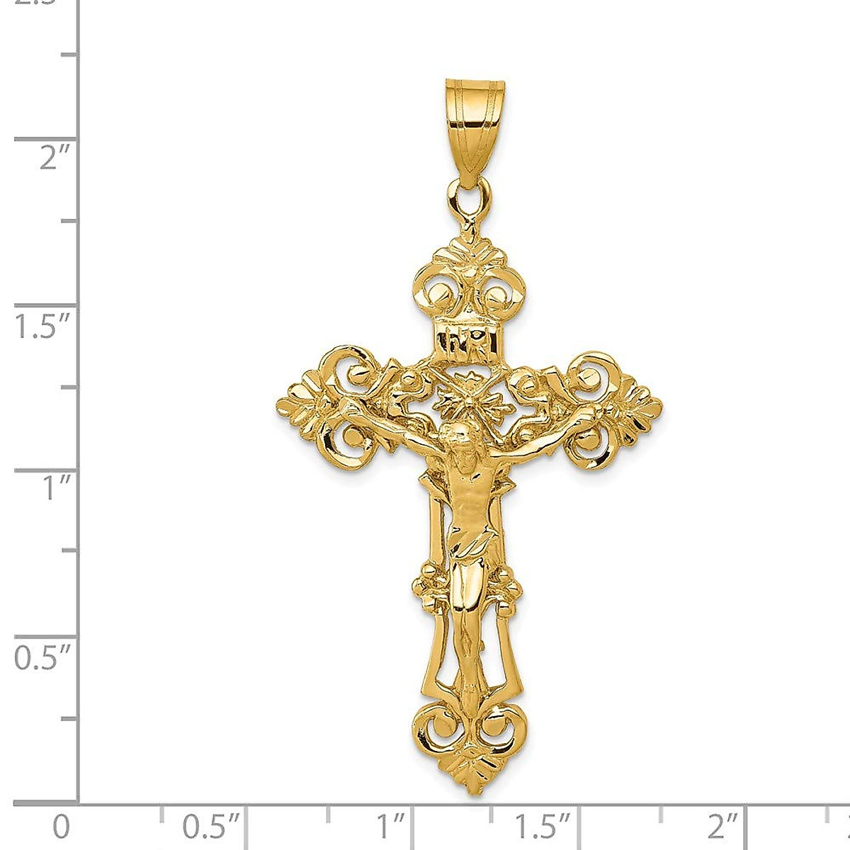 Solid 14k Yellow Gold INRI Fleur De Lis Cross Pendant Crucifix Charm - 57mm x 31mm
