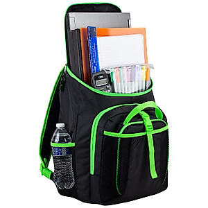 FUEL Teens Student Water Resistant Backpack Set Lunch Bookbag Bag Soft Reusable Insulated Cooler Lunch Box Thermal Travel Office Lunch Bag, Black with Neon Green