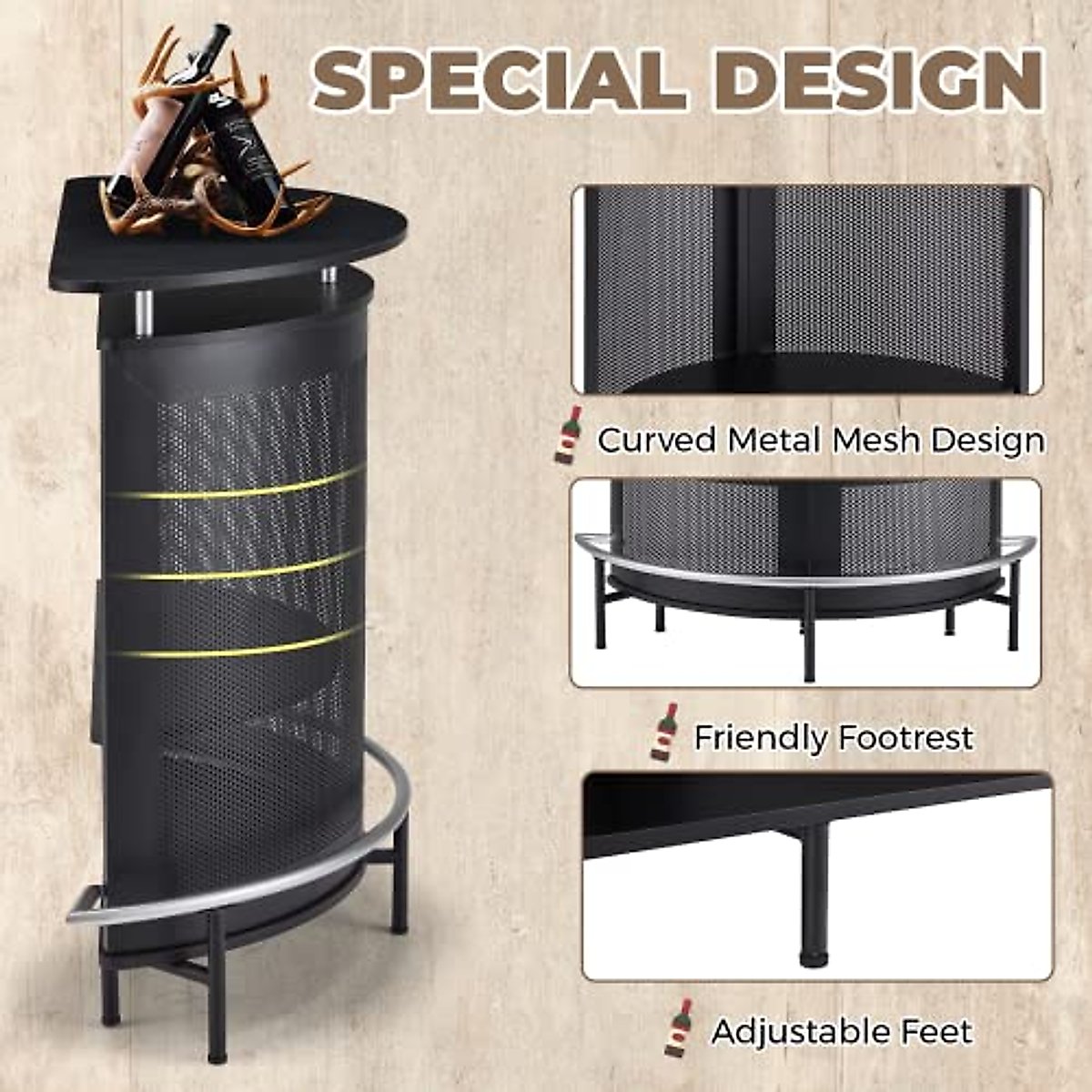 JOMEED Bar Table with Storage, High Top Table with Metal Mesh Front, Goblet Holders and Footrest, Semi Cylindrical Shape Black Liquor Bar for Home