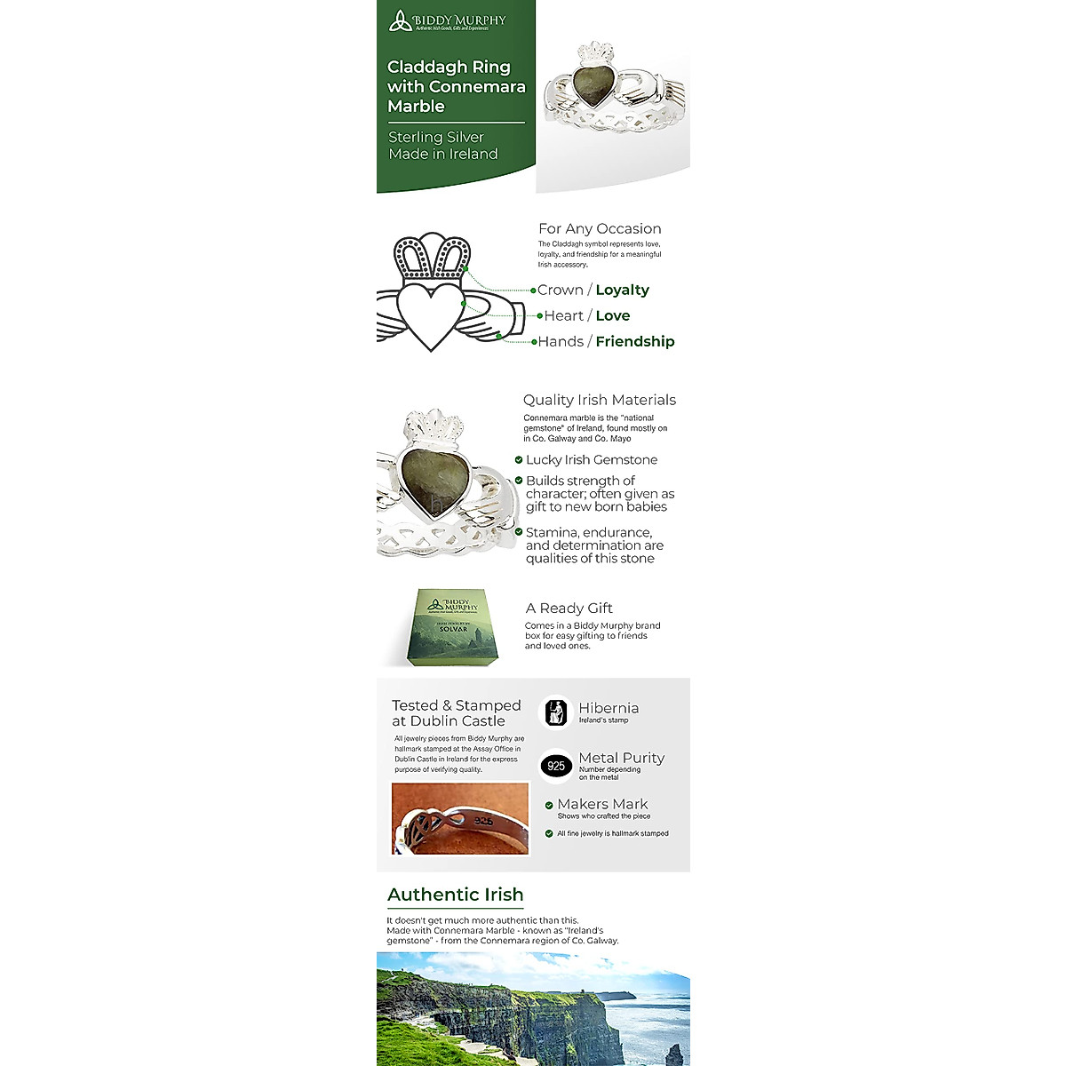 Biddy Murphy, Irish Claddagh Ring for Women Green Gem & Cubic Zirconia Wishbone Band Made in Ireland Size 8.5