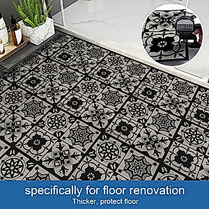 Peel and Stick Floor Tile Dark Black and Green Vinyl Flooring, Total 20 Pieces, for Home Decoration