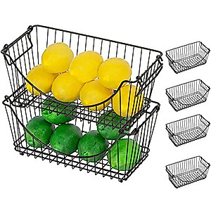 Smart Design Stacking Baskets with Handles - Set of 6 Medium - Steel Metal Wire - Fruit Produce & Vegetable Safe Storage Bin Organizer - Pantry Counter Stand Rack - Kitchen - 12.63 x 5.5 Inch - Black