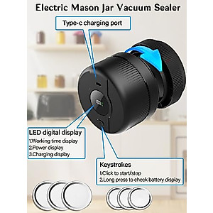 Electric Mason Jar Vacuum Sealer Kit, Cordless Vacuum Sealer Fits Wide Mouth and Regular Mouth Mason Jar for Food Vacuum Storage and Fermentation, Black