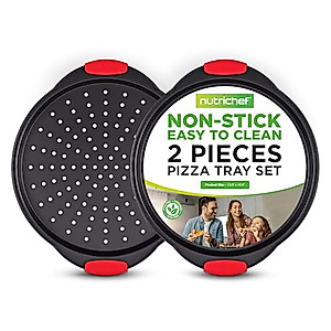 NutriChef 2-Piece 13-Inch Nonstick Pizza Tray, Round Carbon Steel Non-Stick Pizza Baking Pan with Perforated Holes, Premium Bakeware Pizza Screen with Silicone Grip Handles, Dishwasher Safe, NCBPIZX2